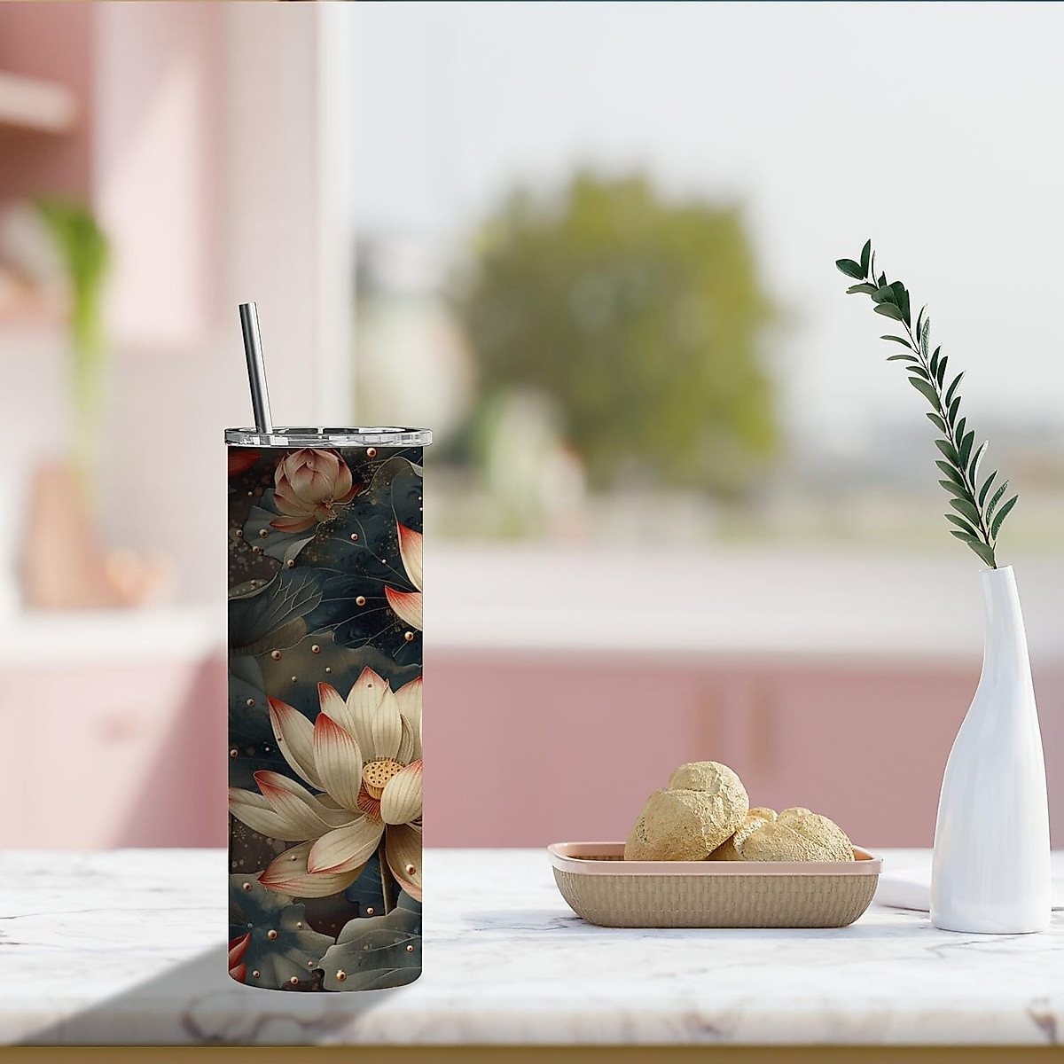 Medpol lotus flowers insulated tumblers，Chinese style lotus flowers coffee cup Gift，flowers Drinking Glasses-Tea Cup-Coffee Mug tumbler with lid and straw 20 oz insulated tumbler cups