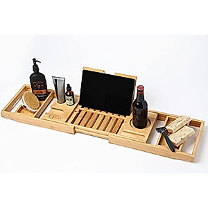 Bathtub Caddy Tray for Bath- Bamboo Adjustable Bathtub Caddy Tray- Free Body Brush- Suitable for Luxury Spa or Reading- Shower Tray - Bathroom Tray Organizer - Accessories for Bathroom
