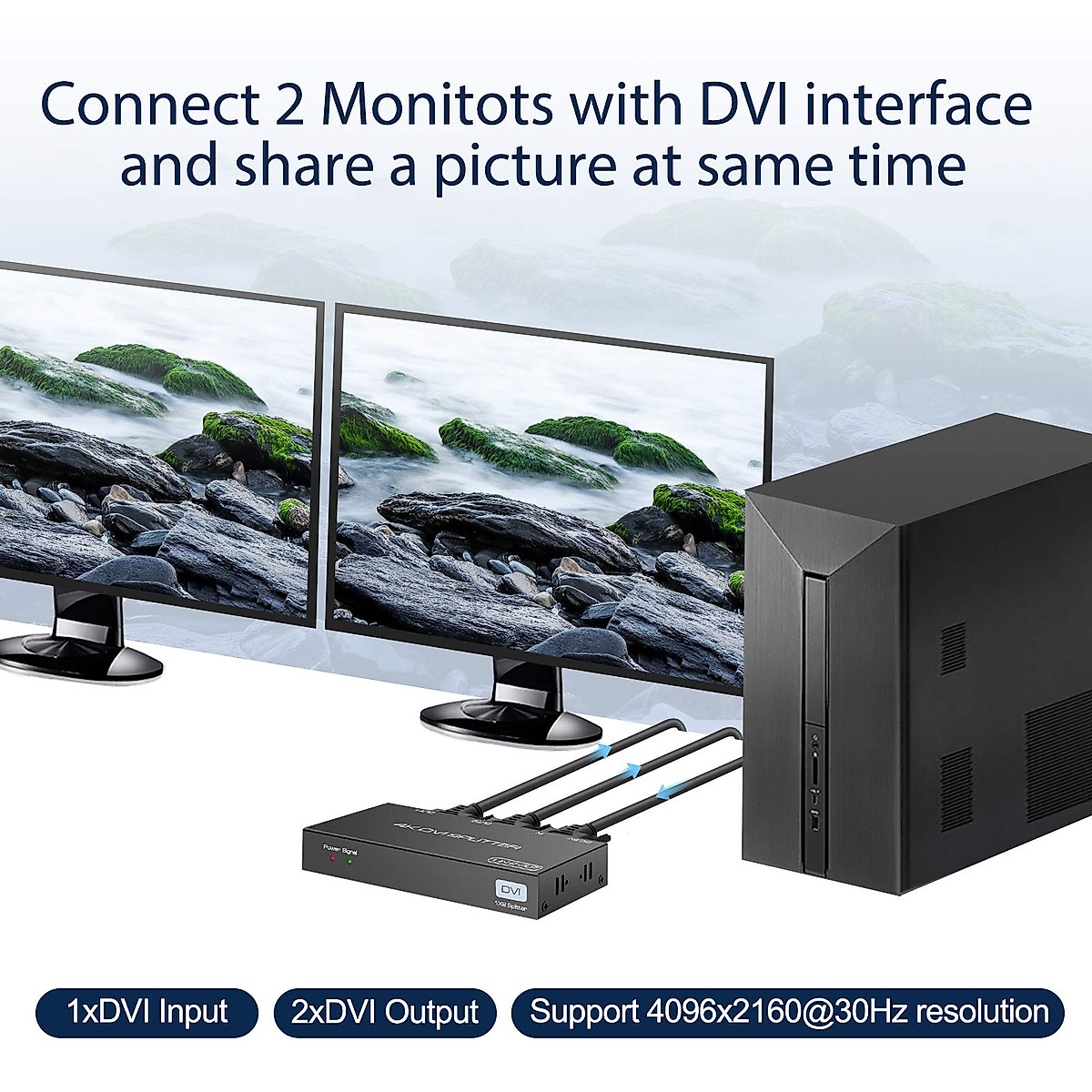 DVI Splitter 1 in 2 Out 2 Port DVI Dual Monitors Distribution Duplicator Video Splitter Support EDID Management Resolution up to 4K30Hz for PC Laptop DVR Projector HDTV