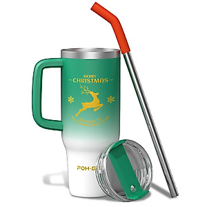FOHGEE Christmas Style 30oz Stainless Steel Tumbler with Handle - Keep Drinks Cold & Hot All Season! (Green Reindeer)