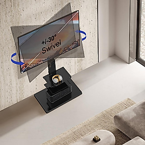 YOMT Floor TV Stand with Sturdy Wood Base, Tall Universal TV Stand with Mount for Most 32-75 inch TVs up to 110 lbs, Height Adjustable TV Stand with Swivel, TV Mount Stand with Media Shelves, Black