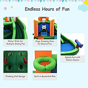 HONEY JOY Inflatable Water Slide Bounce House, 6 in 1 Outdoor Bouncy Water Park w/Splash Pool, Slide & Cannon, Climbing Wall, Penguin Blow Up Water Slides for Kids Backyard(with 735w Blower)