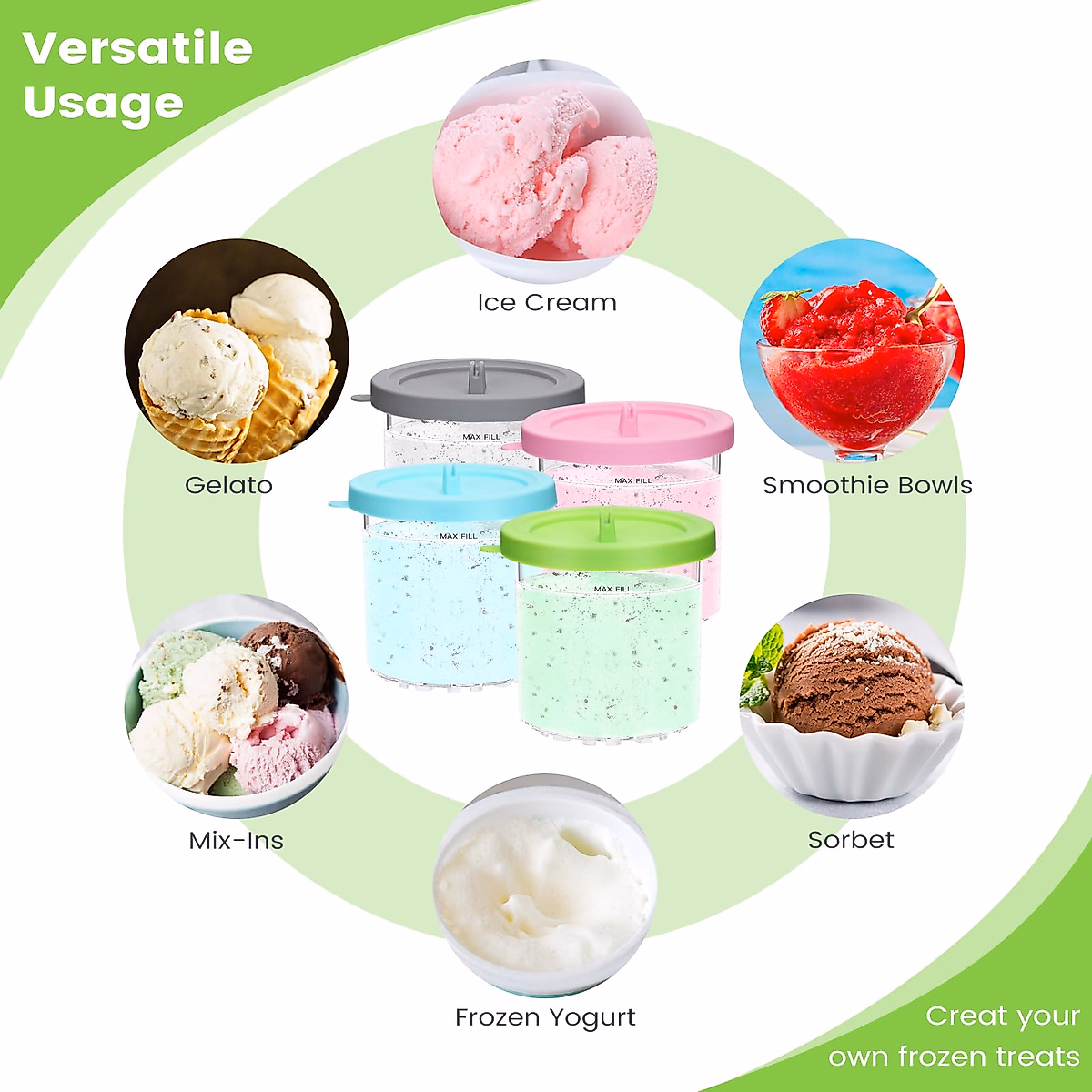 MOVAFEE 16 oz. Extra Pint | Containers Replacement for Ninja Creami Pints and Silicone Lids - 4 Pack, Compatible with Ninja Creami NC301 NC300 NC299AMZ Series Ice Cream Maker, MOV-NCP-04