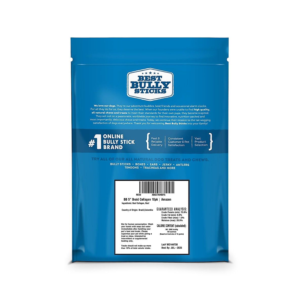 Best Bully Sticks All Natural Dog Chews - 5 Inch Braided Beef Collagen Sticks - USA Baked & Packed - Highly Digestible, Limited Ingredient, Rawhide Alternative Dog Chew - 10 Pack