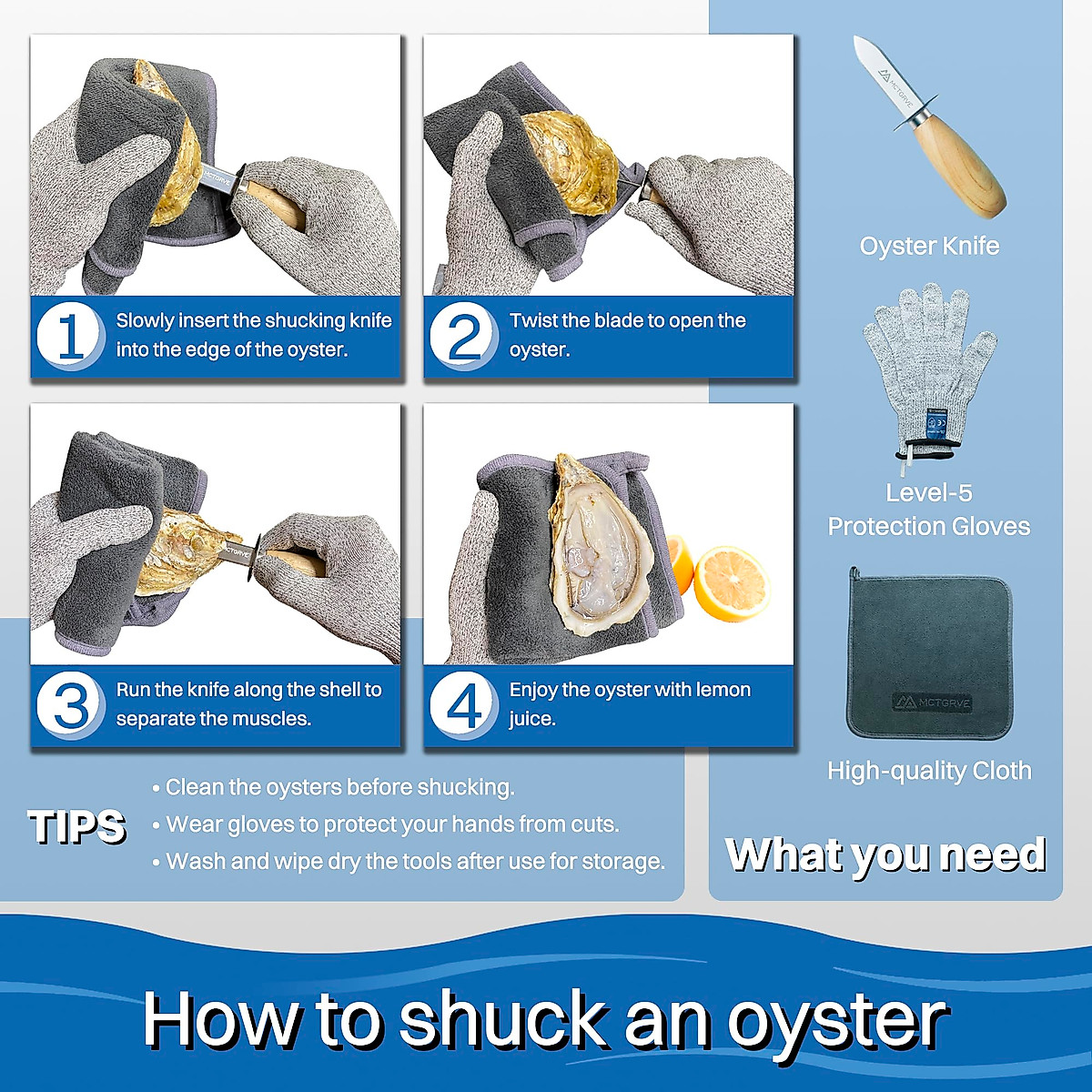 MCTGRVE Oyster Shucking Knife and Glove Set -Oyster Shucker Kit with 2pcs Oyster Knife 1pair of Level5 Protection Gloves 1pc Kitchen Cloth-Seafood Opener Tools in a Storage Bag (black) Great Gifts