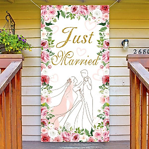 LOONELO Just Married Wedding Door Cover with 70.8''X35.4'', Floral Bridal Shower Hanging Banner Porch Sign for New Couple Wedding Ceremony, Engagement, Bachelorette Party Supplies