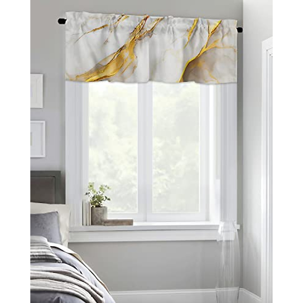 Kakmok Window Valance for Kitchen Cafe,Gold White Gradient Marble Rod Pocket Drape Privacy Curtain,Irregular Line Art Short Curtains for Bathroom/Living Room/Bedroom Windows Decor