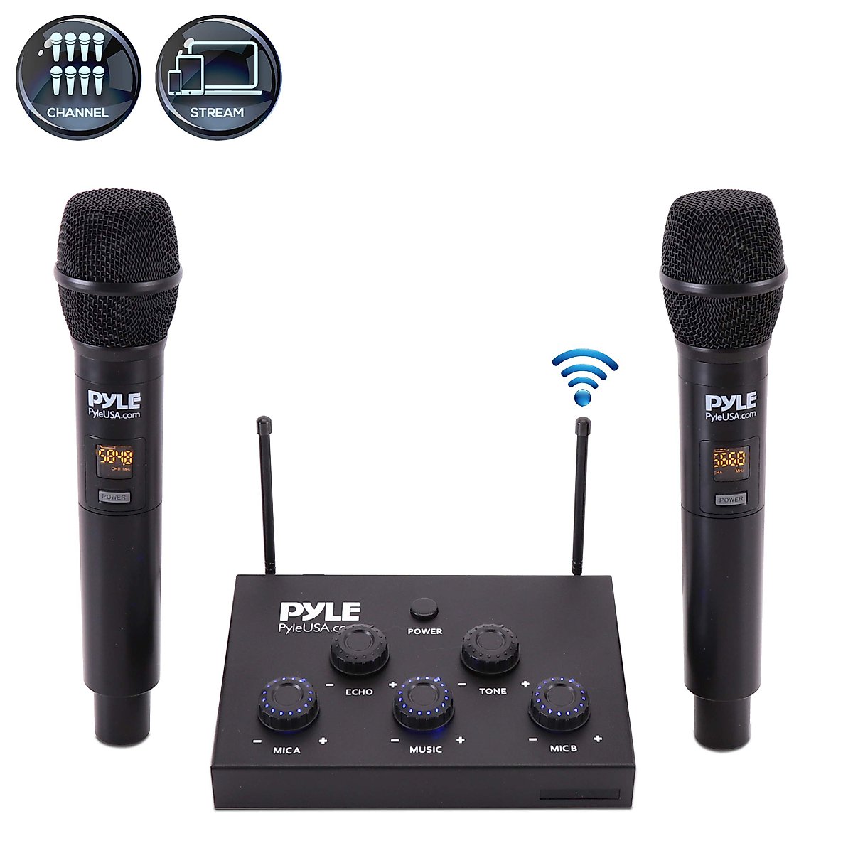Wireless Karaoke Microphone Mixer System - 8-Channel Optical/Coaxial Input Mixer w/Digital UHF Wireless Mics, 3.5mm Input/Output, Works w/Home Theater, Receiver, Amplifier, Speaker - Pyle PDWMKHRD23