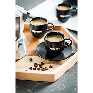 Espresso Cups with Saucers Set, Porcelain Coffee Cups Set with Metal Stand 4 OZ Stackable Demitasse Cups for Latte, Cafe, Mocha and Cappuccino, Tea Cup Set of 6, Thanksgiving Gifts, Black