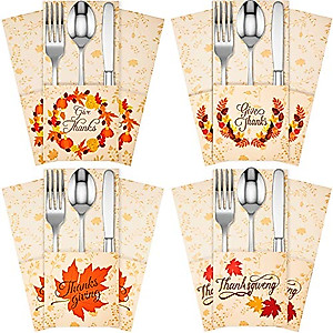 36 PCS Thanksgiving Silverware Cutlery Holders Thanksgiving Utensil Decor Fall Decor for Home Thanks Maple Leaf Silverware Paper Pouch Fall Harvest Party Supplies