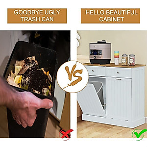 kinbor Double Tilt Out Trash Cabinets - Wooden Kitchen Trash Cabinet Bin, Free Standing Trash Can Holder & Recycling Cabinet with Hideaway Drawers, White