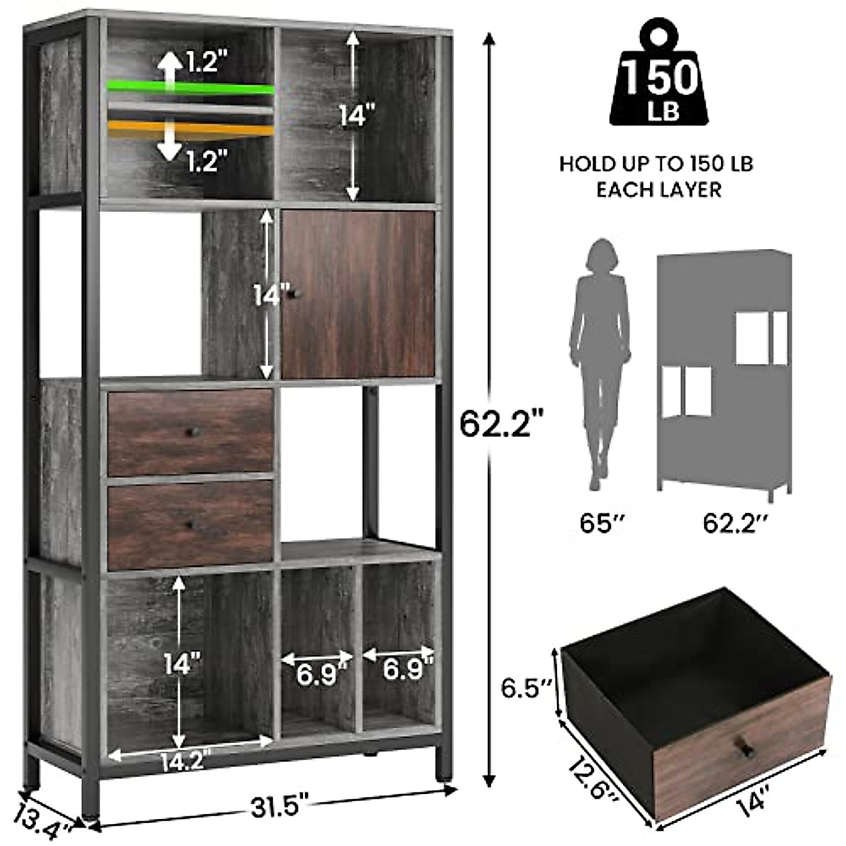 AOGLLATI 6-Tier Industrial Bookshelf, Bookcase with Cabinet and 2 Fabric Drawers, Adjustable Display Shelves with Metal Frame, Standing Storage Shelf for Living Room Bedroom Kitchen Home Office