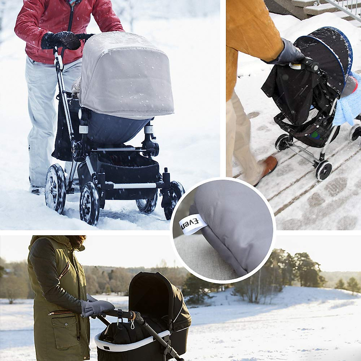 Evencaphy Stroller Gloves Universal Anti-Freeze Pram Hand Muffs Winter Gloves Pushchair Hand Warmers Water-Resistant with Stroller Hook, Grey