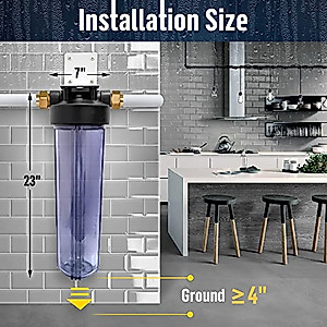 High Capacity 20 x 4.5” Whole House Filter Purifier System for Well or City Water, Presser Relief Button, 1” NPT Brass Port, Double O-Ring, Meets NSF Standards & Regulations (Transparent, 1 Set)