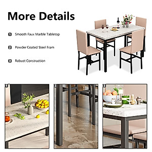 AWQM White Faux Marble Dining Table with 4 Upholstered Chairs, 5-Piece Dining Room Table Set for Small Space, Breakfast Table Bar Table and Chairs Set for 4, Home & Kitchen Set