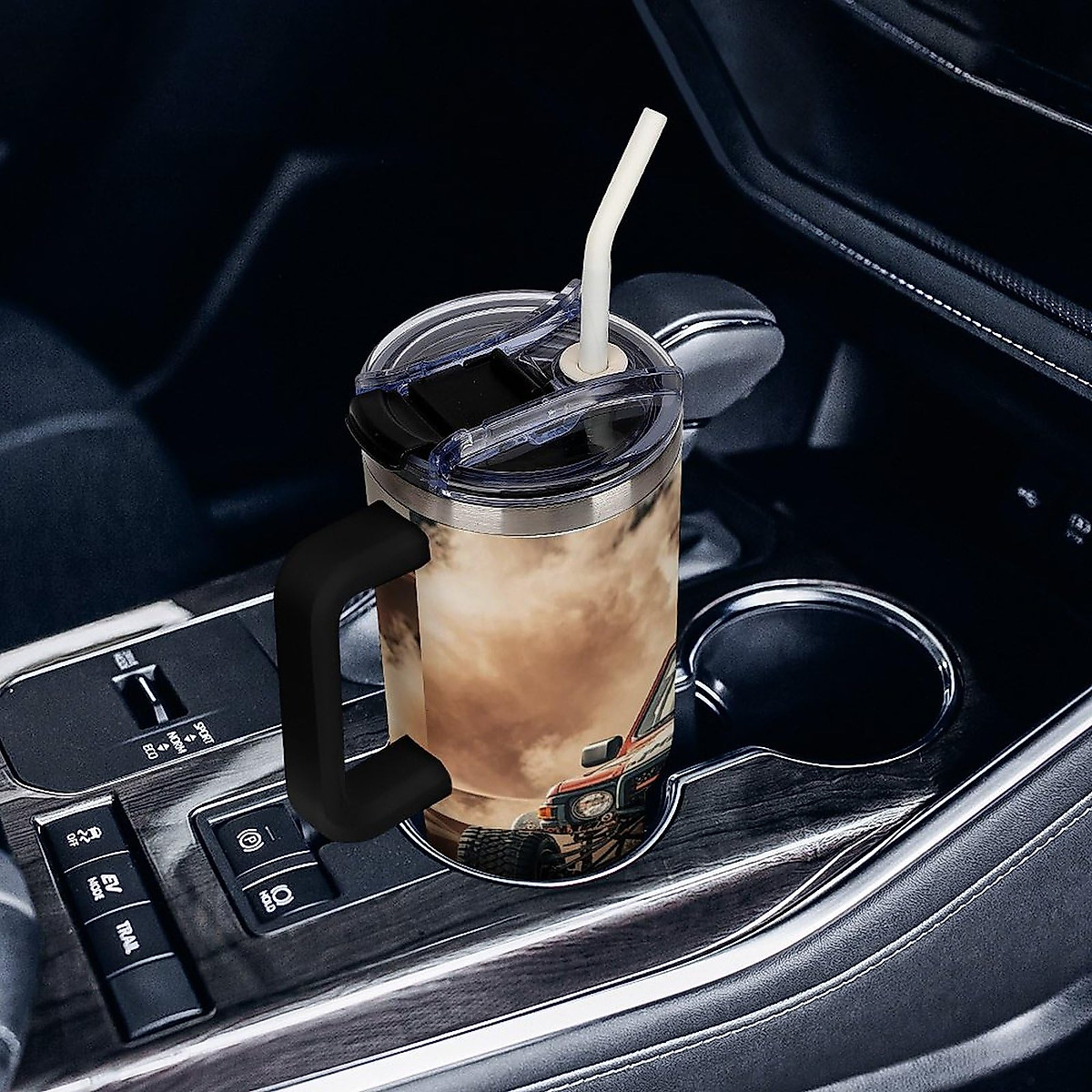 FHESDCW Off-road Racing Tumbler with Handle And Straw 40 Oz Leak Proof Large Capacity Car Cup Cupholder Friendly Stainless Steel Travel Coffee Mug Keep Cold Or Hot Black-style