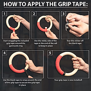 Synergee Wood Olympic Gymnastics Rings 1.25" Grip with Adjustable Straps for Pull Ups Dips and Muscle Ups. Red and Black Grip Tape Included.