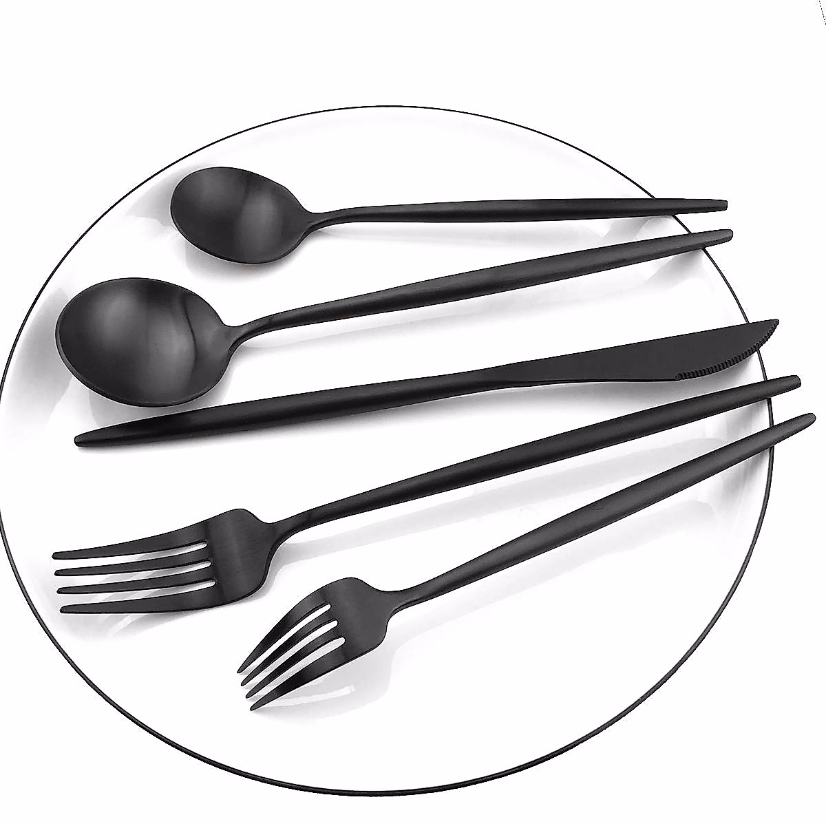 Gugrida Black Flatware, Royal 5 Piece Luxury Matte Finish 18/10 Stainless Steel Tableware Sets for 1 Including Forks Spoons Knives, Camping Silverware Travel Utensils Set Cutlery (Black)