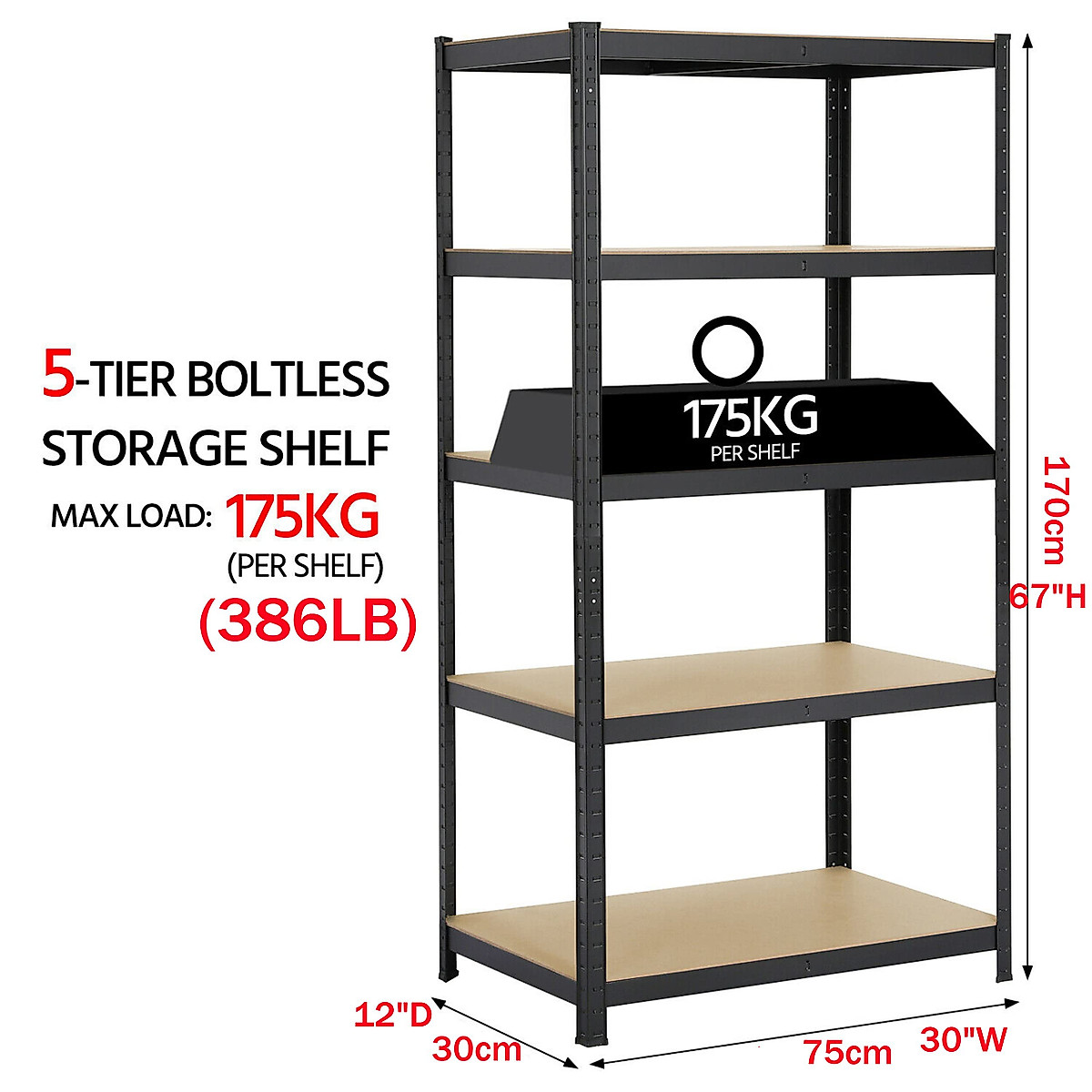 5-Tier Steel Storage Shelves, Heavy Duty Garage Shelf with Adjustable Shelves, Boltless Shelving Unit for Free Combination, Home Office Metal Utility Shelves, 67" H x 30" W x 12" D, Black