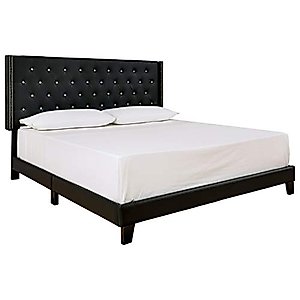 Signature Design by Ashley Vintasso Glam Button-Tufted Faux Leather Platform Bed with Rhinestones, Queen, Black