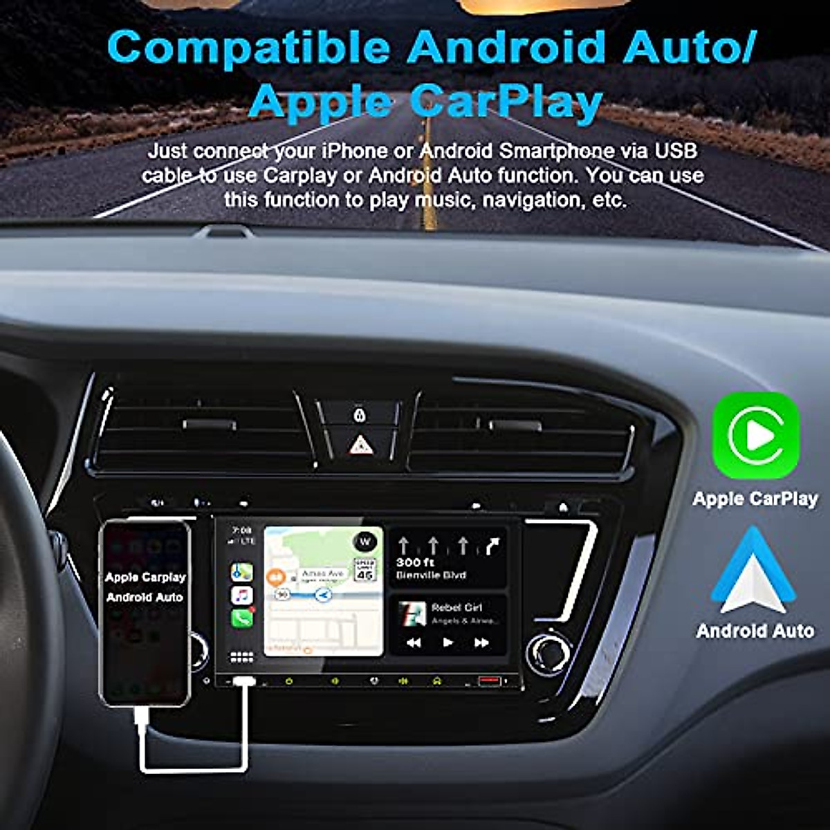 YUANTING Newst Double Din Car Stereo with Voice Control Carplay and Android Auto,7 Inch Capacitive HD Touchscreen,Bluetooth，Mirror Link, Subwoofer，Waterproof Backup Camera/SWC/AM/FM/2USB