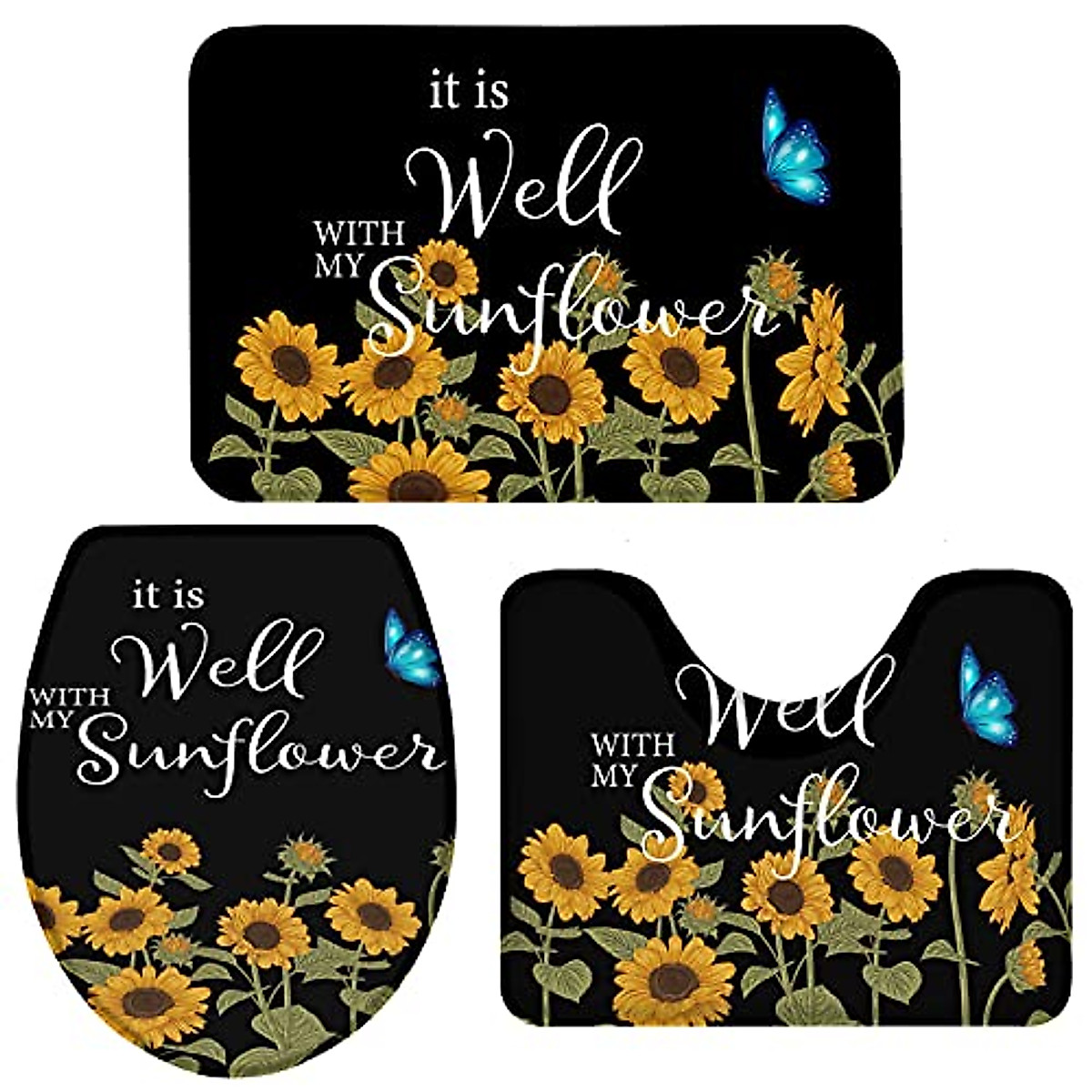 Fancyine 3 Pieces Bath Rugs Sets Rustic Art Farm Sunflowers with Butterfly Soft Non-Slip Absorbent Toilet Seat Cover U-Shaped Toilet Mat for Bathroom Decor Black