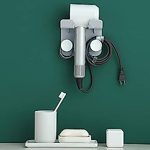 Hair Dryer Holder Wall Mounted, Self Adhesive Blow Dryer Holder with Wire Organizer, Bathroom Hair Dryer Rack for Most Hair Dryers, Removable Hair Care Tool Holder (Gray)