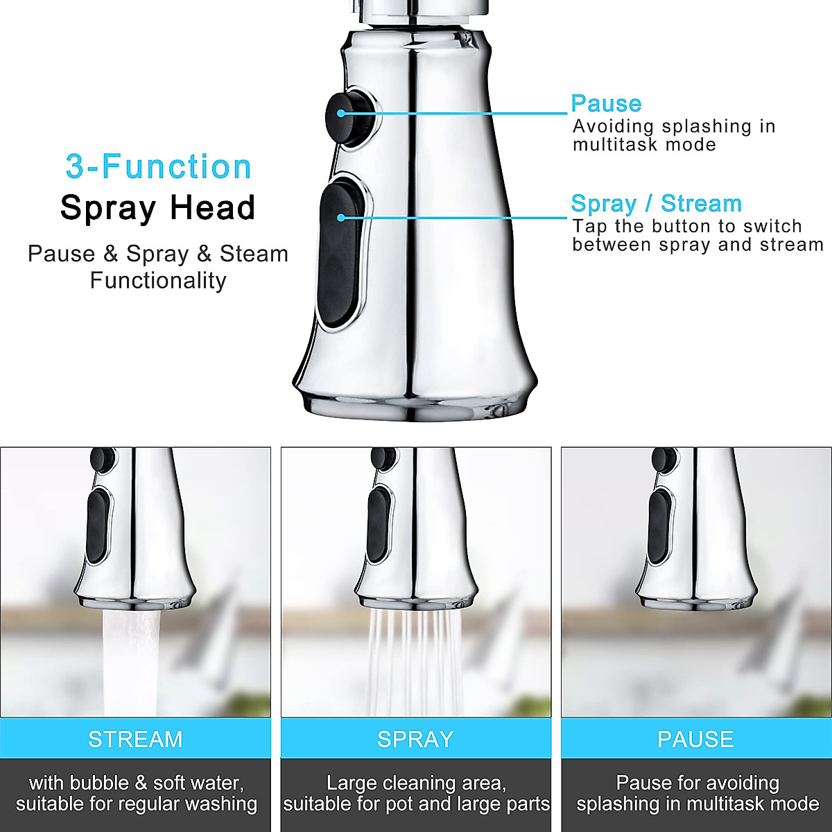 SOKA Kitchen Sink Faucet Single Handle With Pull Down Sprayer 3 Working Mode Stream, Spray & Pause Fit for 1 or 3 Hole