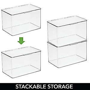 mDesign Small Plastic Home Office Storage Organizer Box Containers with Hinged Lid for Desktops - Holds Pens, Pencils, Sticky Notes, Highlighters, Staples, Supplies - Lumiere Collection, 4 Pack, Clear