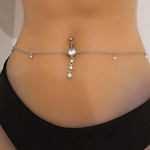 Dresbe Rhinestone Belly Button Ring Silver Crystal Waist Chain Beaded Piercing Navel Sexy Body Chain Party Body Jewelry Accessories for Women and Girls BC116