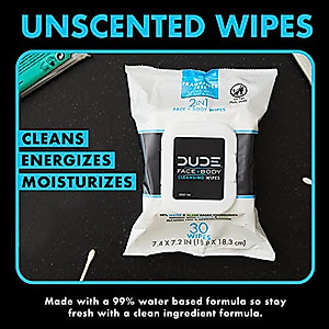 DUDE Wipes Face and Body Wipes - 1 Pack, 30 Wipes - Unscented Wipes with Sea Salt & Aloe - 2-in-1 Body & Face Wipes - Alcohol Free and Hypoallergenic Cleansing Wipes