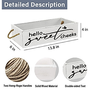 Msyueos Hello Sweet Cheek Decor Box with Rope - Rustic Wooden Storage Box with Funny Design on 2 Sides Perfect for Bathroom Decor, Toilet Paper Holder, Toilet Tank Basket, Toilet Organizer (White)
