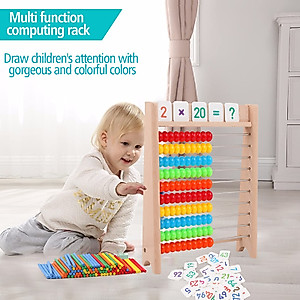 Tomlive Preschool Learning Toy, Wooden Abacus for Kids Math, 10-Row Wooden Frame with Multi-Color Beads, Counting Sticks, 1-100 Number Alphabet Cards, Montessori Toys for Toddler 3 4 5 6 Year Old Gift