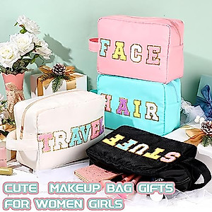 Cunno 4 Pieces Large Preppy Makeup Bag Chenille Letter Patch Makeup Bag 11x8x5 inch Nylon Cosmetic Bag Portable Zipper Face Bag Cute Girls Toiletry Bag for Women Travel (Letter Patches)