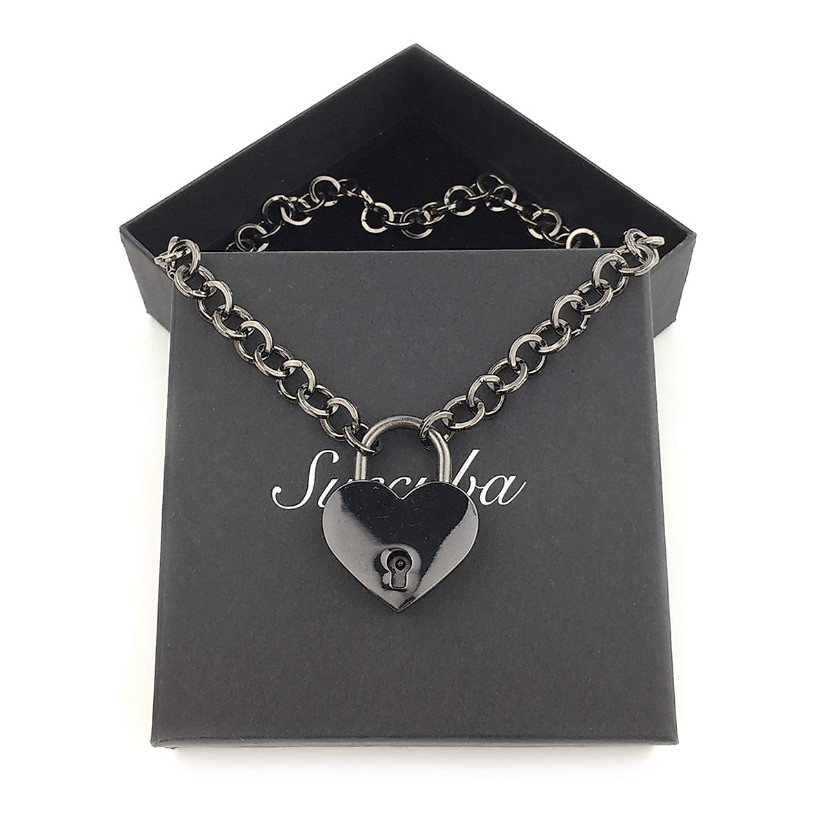 Succuba Padlock Necklace Chain Collar Choker with Two Keys and Box for Women and Men (B, 16)