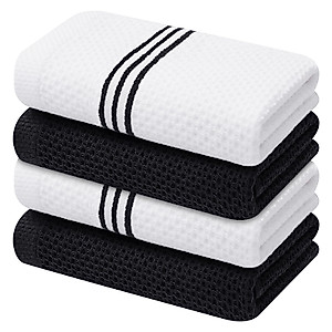 Homaxy Kitchen Towels, 13 x 28 Inches, Trendy Stripes Design, Premium Cotton Waffle Weave Super Soft and Absorbent Dish Towels Quick Drying Hand Towels for Kitchen, 4 Pack, White & Black