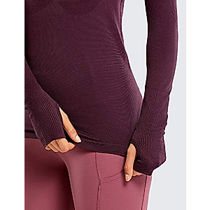 CRZ YOGA Women's Seamless Athletic Long Sleeves Sports Running Shirt Breathable Gym Workout Top Dark Red-Slim Fit Small