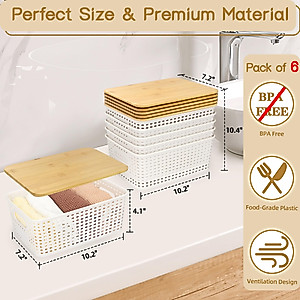 MOSANEE Small Plastic Storage Bins with Bamboo Lids 6 Packs,Decorative Storage Containers,Stackable Baskets for Organizing with Cute Label for Shelves Cabinets Pantry Playroom Office Home,Cream White