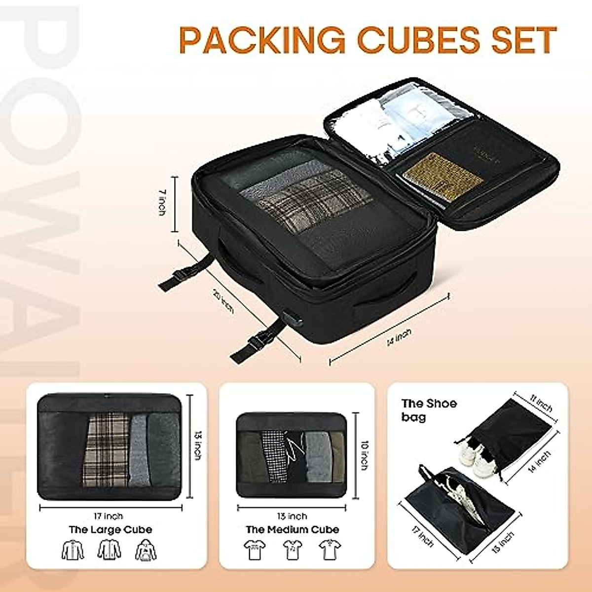 POWAITER Travel Backpack for Women Men, Carry On Backpack Flight Approved Fits 17 Inch Laptop with 4 Packing Cubes for Travel & Business Trip-Black