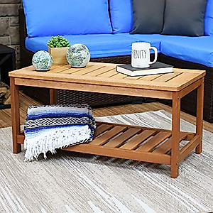 Sunnydaze Meranti Wood Outdoor Coffee Table with Teak Oil Finish - Outside Wooden Furniture Patio, Deck, Porch, Balcony, Garden and Backyard Furniture - 35-Inch