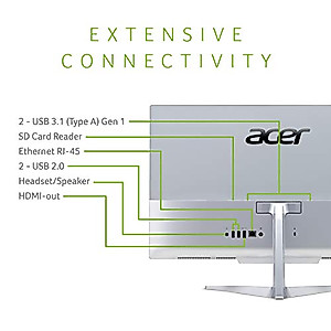 Acer Aspire C24-865-UA91 AIO Desktop, 23.8 inches Full HD, 8th Gen Intel Core i5-8250U, 8GB DDR4, 1TB HDD, 802.11AC Wifi, Wireless Keyboard and Mouse, Windows 10 Home, Silver