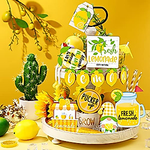 11 Pieces Lemon Peach Pumpkin Tiered Tray Decor Set Gnome Fresh Lemonade Wooden Tiered Tray Decor Peach Lemon Wood Blocks Standing Sign Decorations for Layered Pallets Summer Autumn (Lemon Style)