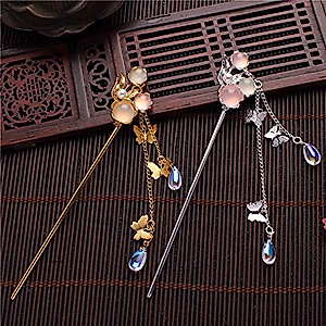 BEMEI Rhinestone Pearl Flower Hair Stick,Crystal Pearl Hair Sticks,Butterfly Tassel Flower,Hairpin Chignon Pin Chopsticks Hair Styling Accessories(F)