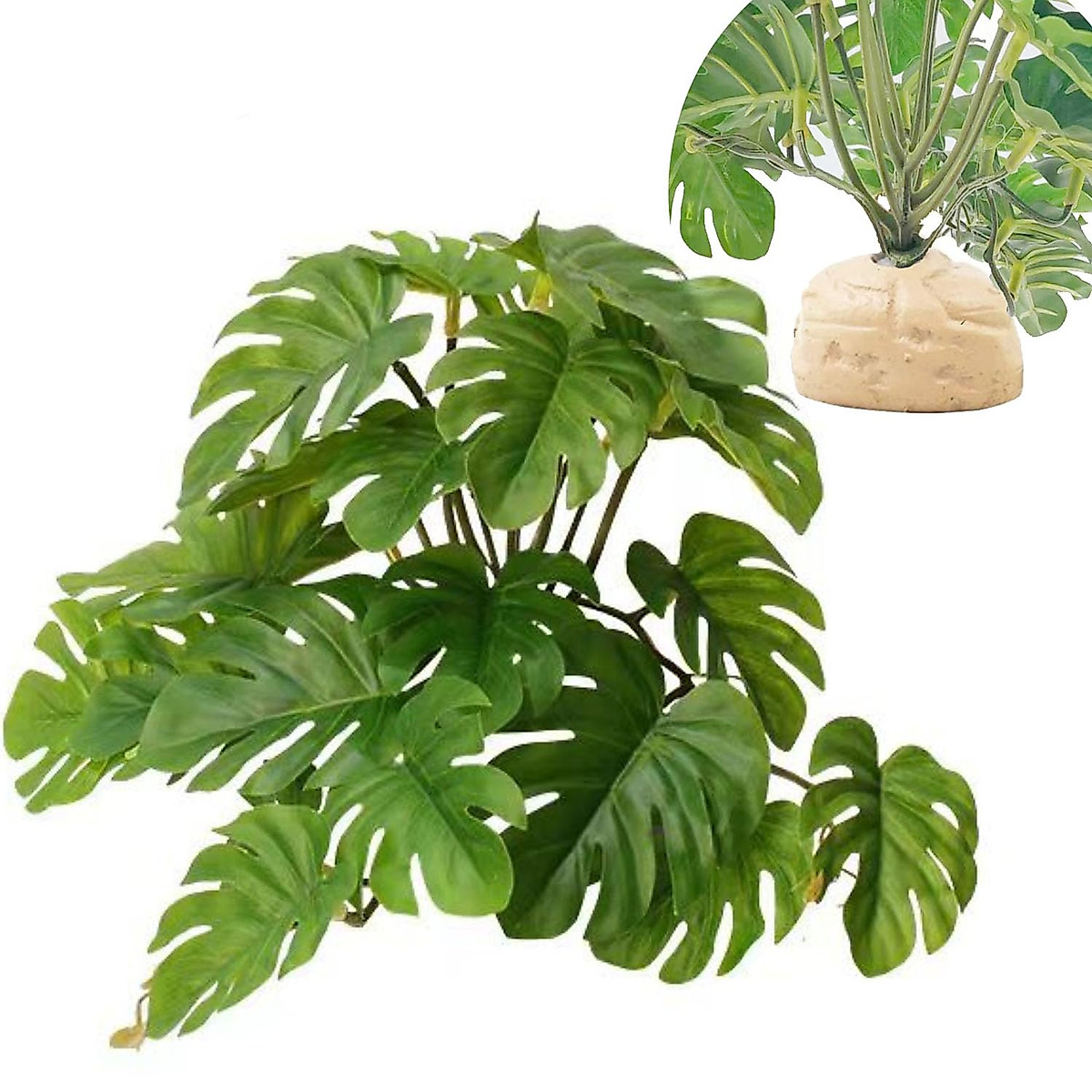 KERUIDENG Reptile Plants for Terrarium Decor,Amphibian Habitat Decor,Artificial Plants for Gecko Chameleon Snake Tortoise Tank Accessories with Base (Monstera deliciosa)