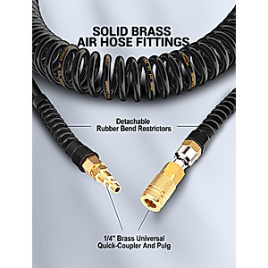EVOULTES 1/4 In x 28 Ft Polyurethane Recoil Air Hose, Upgraded Air Compressor Hose with Repairable Bend Restrictor, Air Hose kit w/ 360° Swivel 1/4" NPT Coupler & Brass Quick Connect Air Fittings