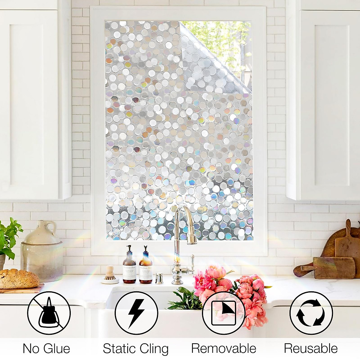 rabbitgoo Window Privacy Film Rainbow Window Clings Stained Glass Window Decals 3D Decorative Window Coverings, Static Cling Removable Glass Door Window Stickers, Anti-UV Non-Adhesive 17.5" x 78.7"