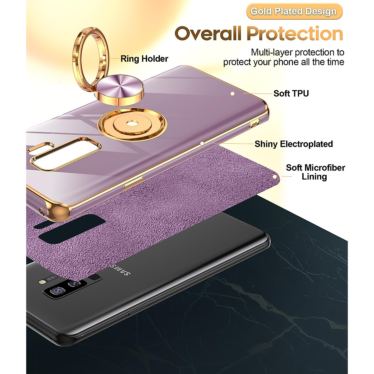 LeYi for Galaxy S9 Plus Phone Case: 360° Rotatable Ring Holder Magnetic Kickstand [ Not Applicable Samsung S9 ], Plating Rose Gold Edge Protective Case, Purple