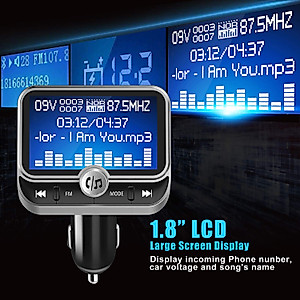 ToHayie Bluetooth FM Transmitter for Car, Transmitter Bluetooth Car Wireless Radio Adapter Hands-Free Car Kit with 1.8 inch Display, Dual USB Car Charger, AUX Input/Output, TF Card Mp3 Player, Silver