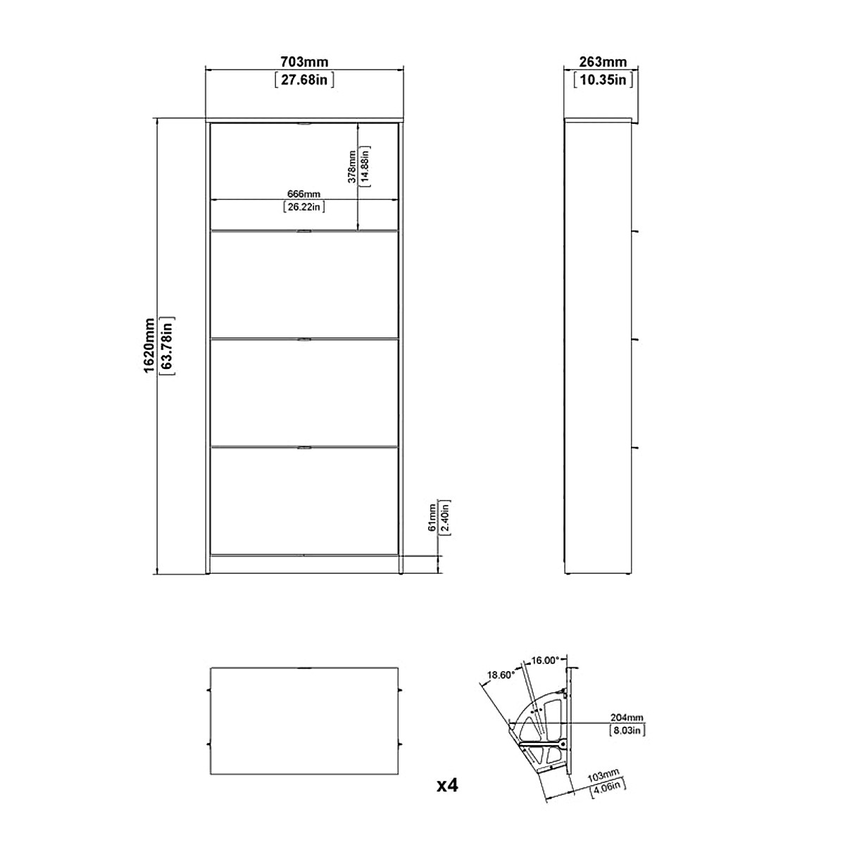 Pemberly Row Modern 4 Drawer Shoe Cabinet, 24-Pair Shoe Rack Storage Organizer in Black Matte