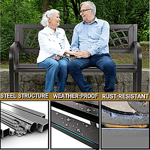 HomeClever Metal Garden Park Bench, 45.5inch Powder Coated Cast Iron PVC Mesh Pattern Design Patio Bench w/Armrests Sturdy Steel Frame, Outside for Front Porch Path Yard Lawn Deck Furniture, Black